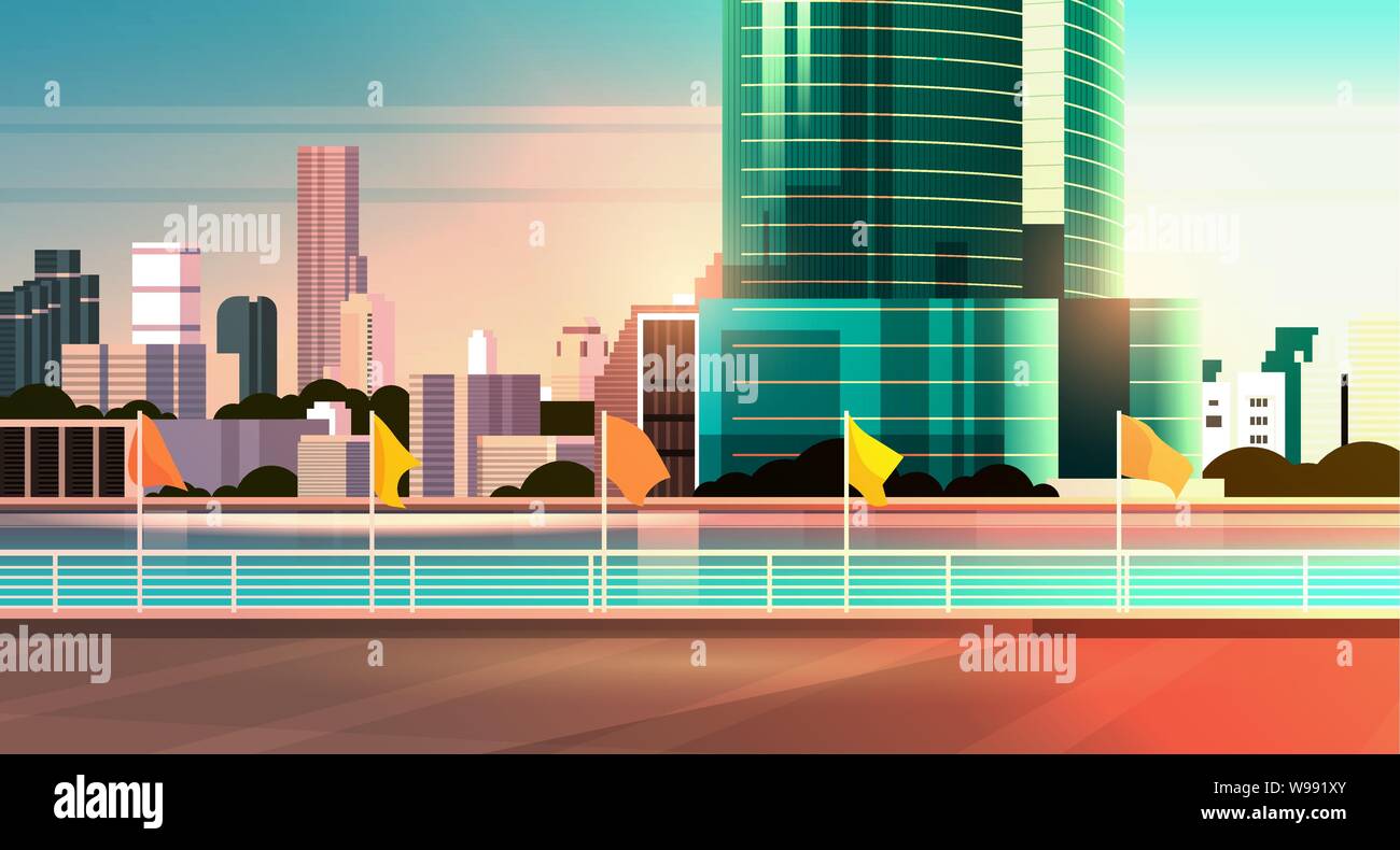 city skyline modern skyscrapers fence and river against cityscape ...