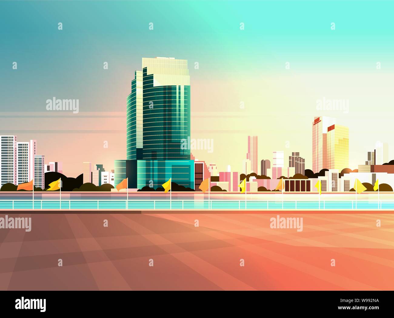 city skyline modern skyscrapers fence and river against cityscape ...