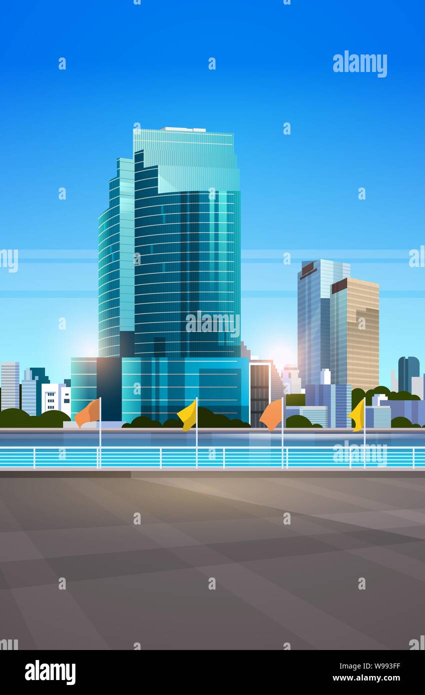 city skyline modern skyscrapers fence and river against cityscape ...