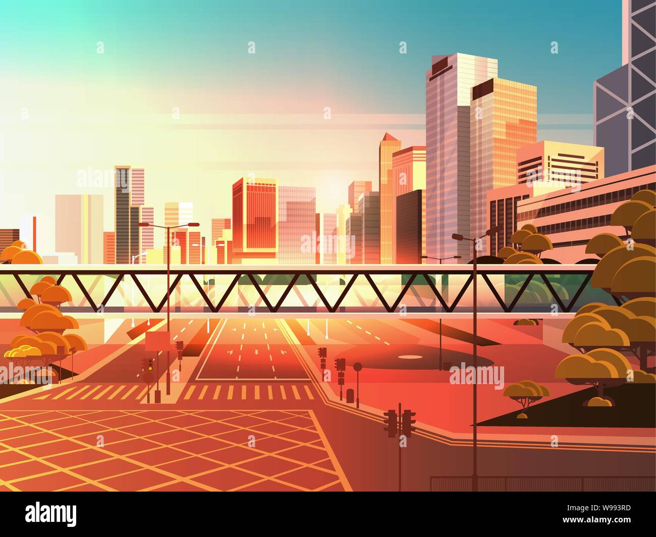 footbridge over highway asphalt road with marking arrows traffic signs ...