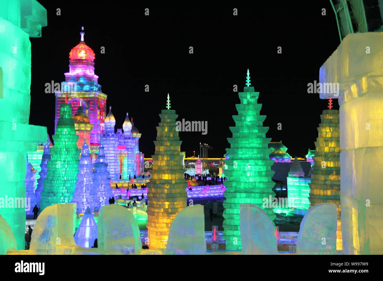 View of iconic buildings which are made of ice and snow in Harbin ...