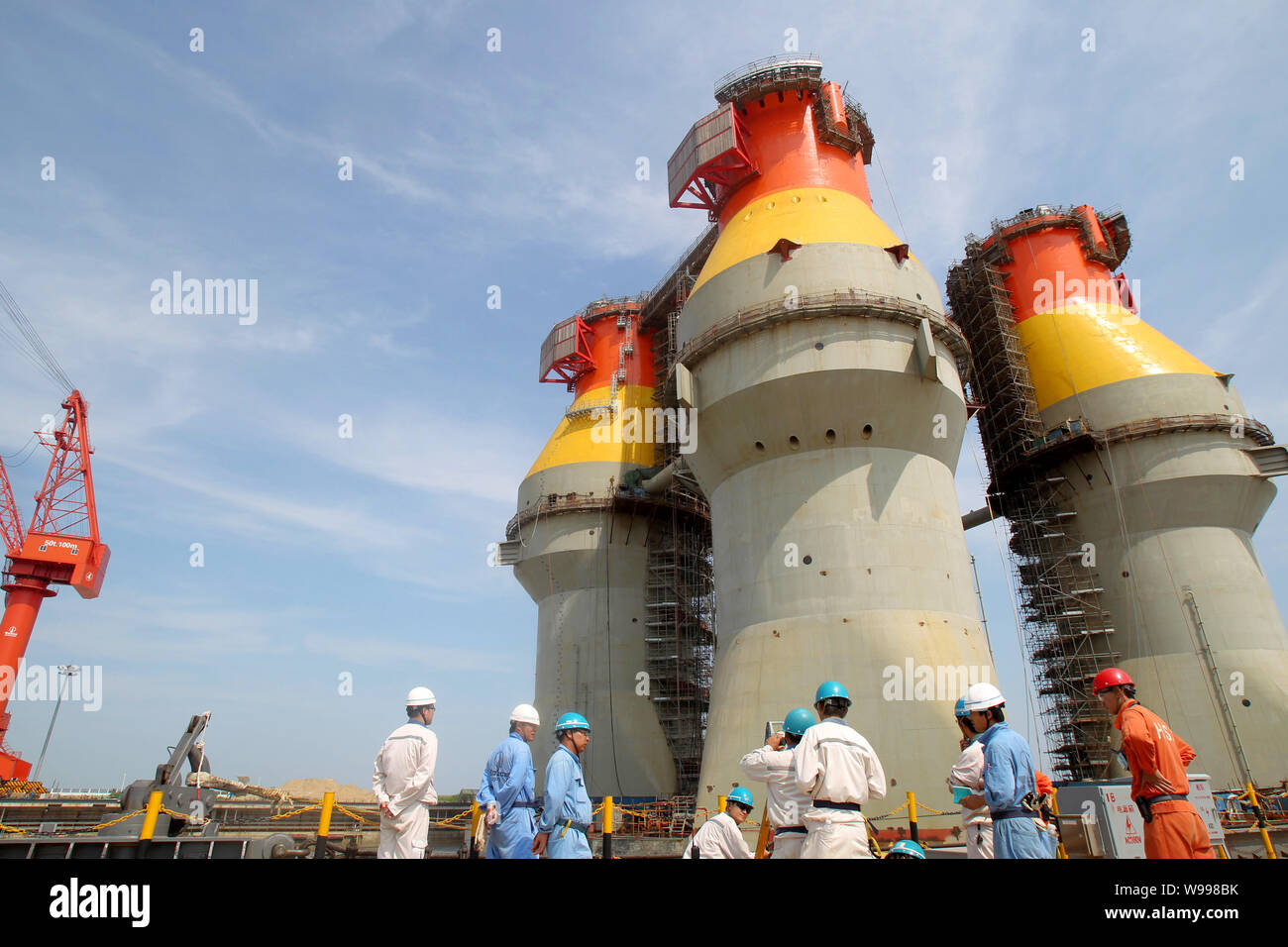 An offshore oil storage platform under construction is pictured at the ...