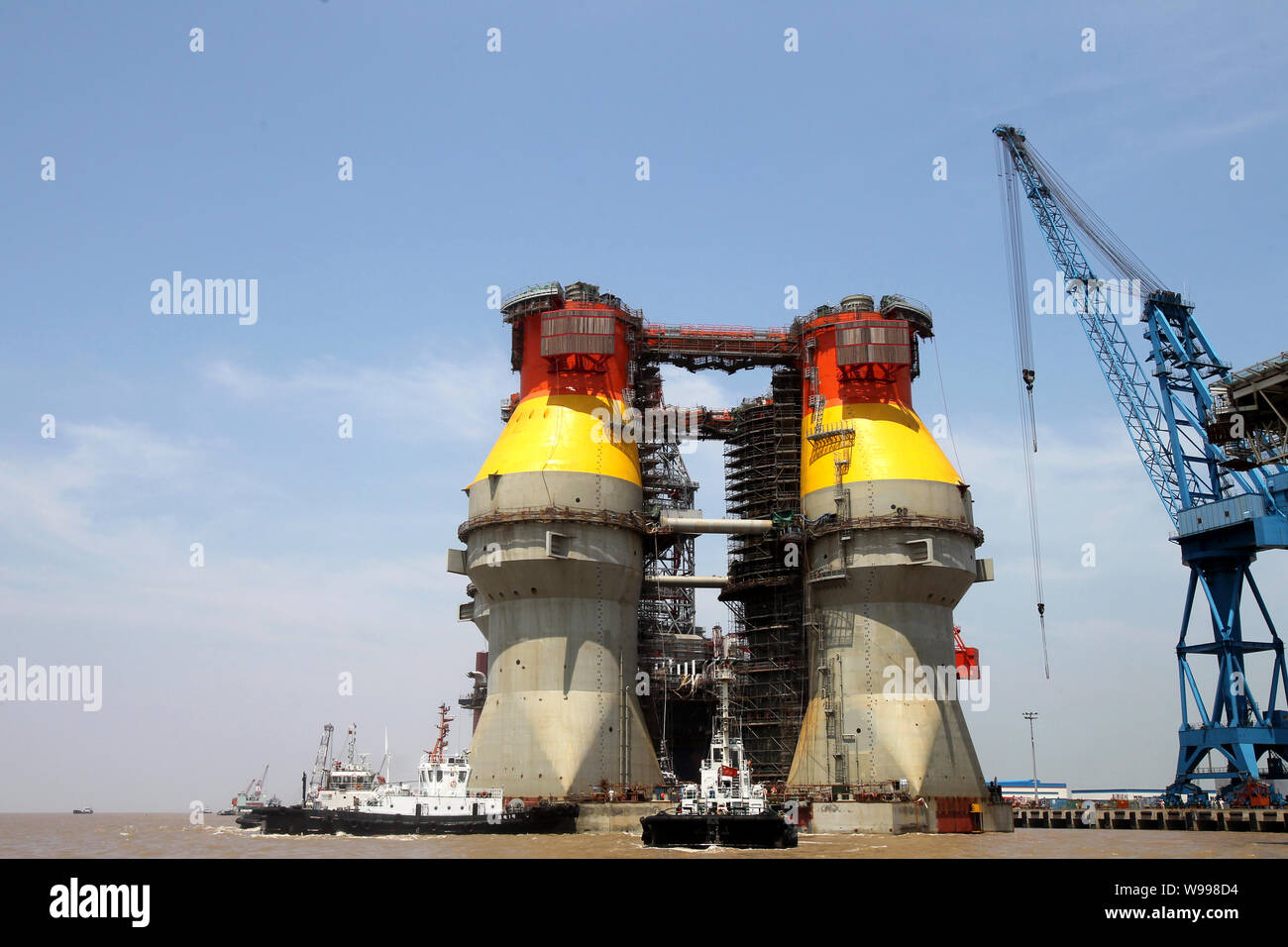 An offshore oil storage platform under construction is pictured at the ...
