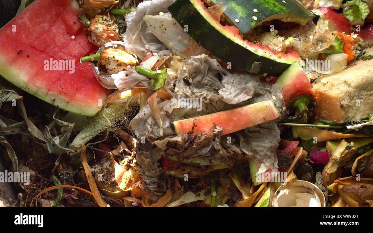 Composting. Compost pile. Household organic trash. Food scraps and yard ...