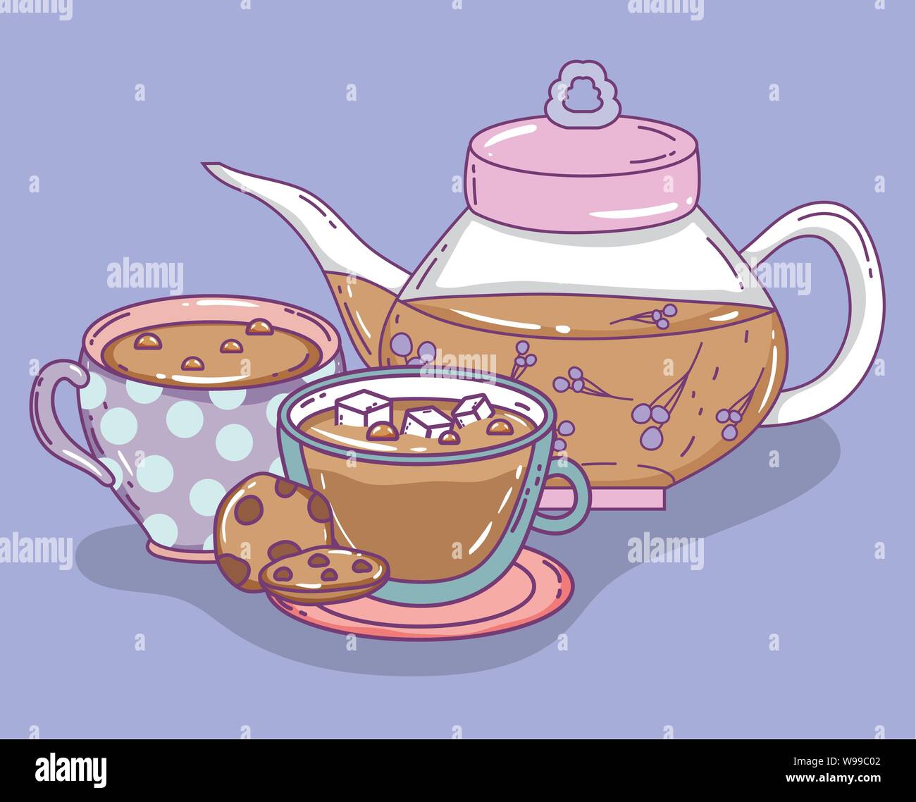 cups herbs and cookies tea time sketch flat design vector illustration ...