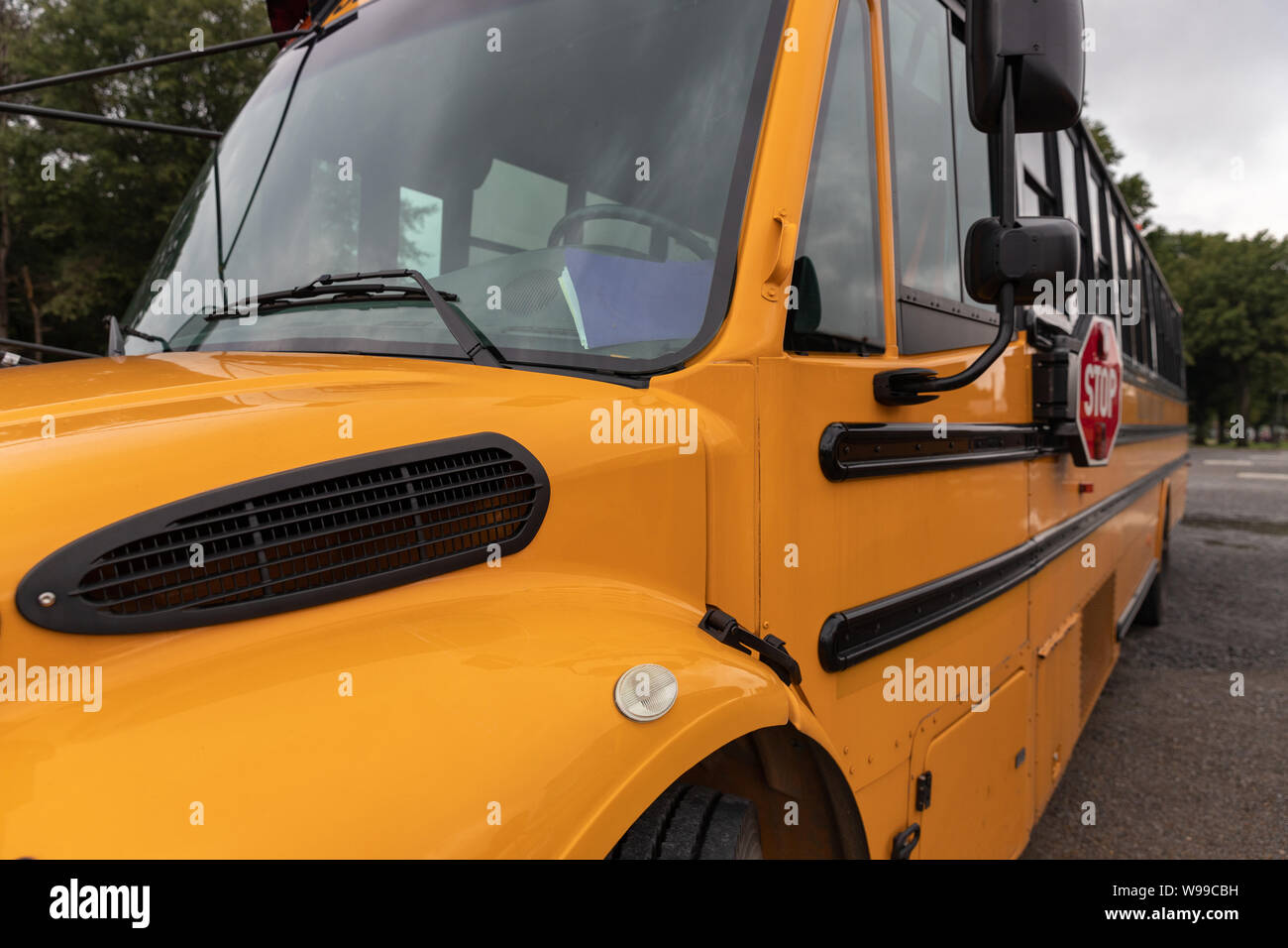 Side View of big yellow school bus used to transport children Stock ...