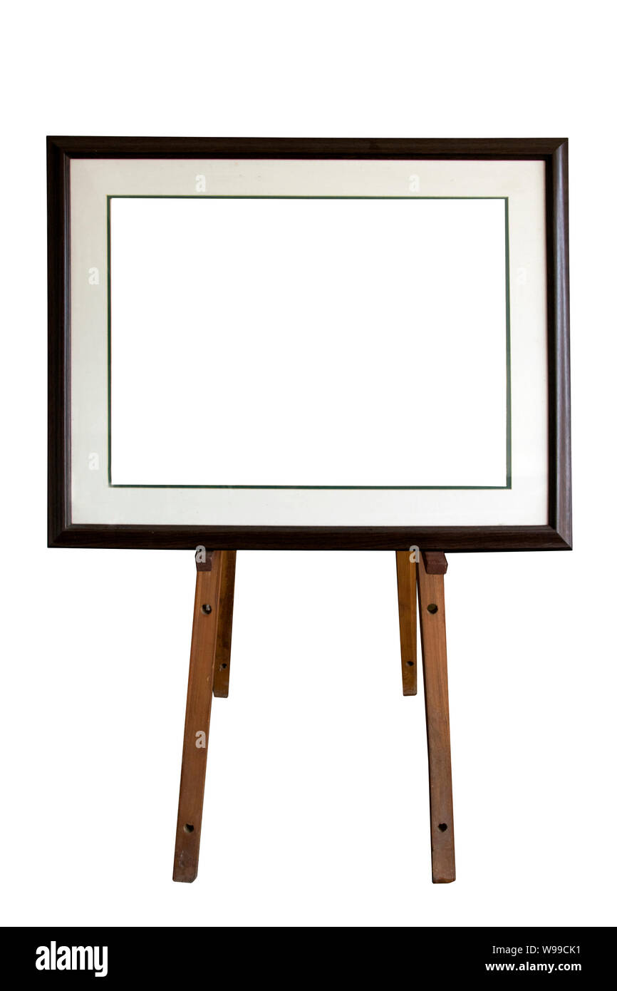 Blank art frame, wooden easel, front view, isolated on white background ...