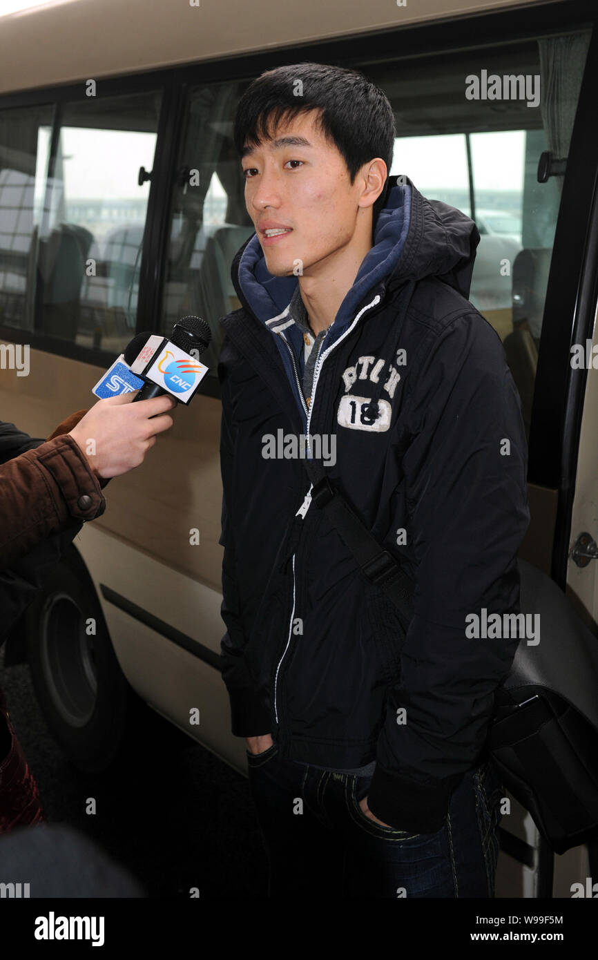 Chinese star hurdler Liu Xiang is interviewed at the Shanghai Hongqiao ...