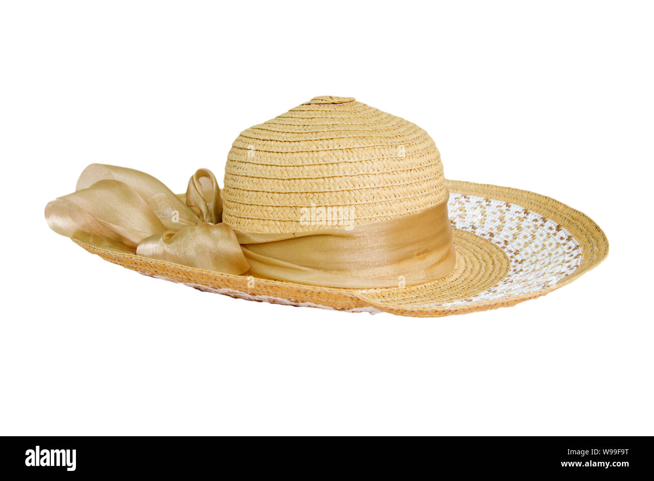 Pretty straw hat with ribbon on white background Stock Photo - Alamy