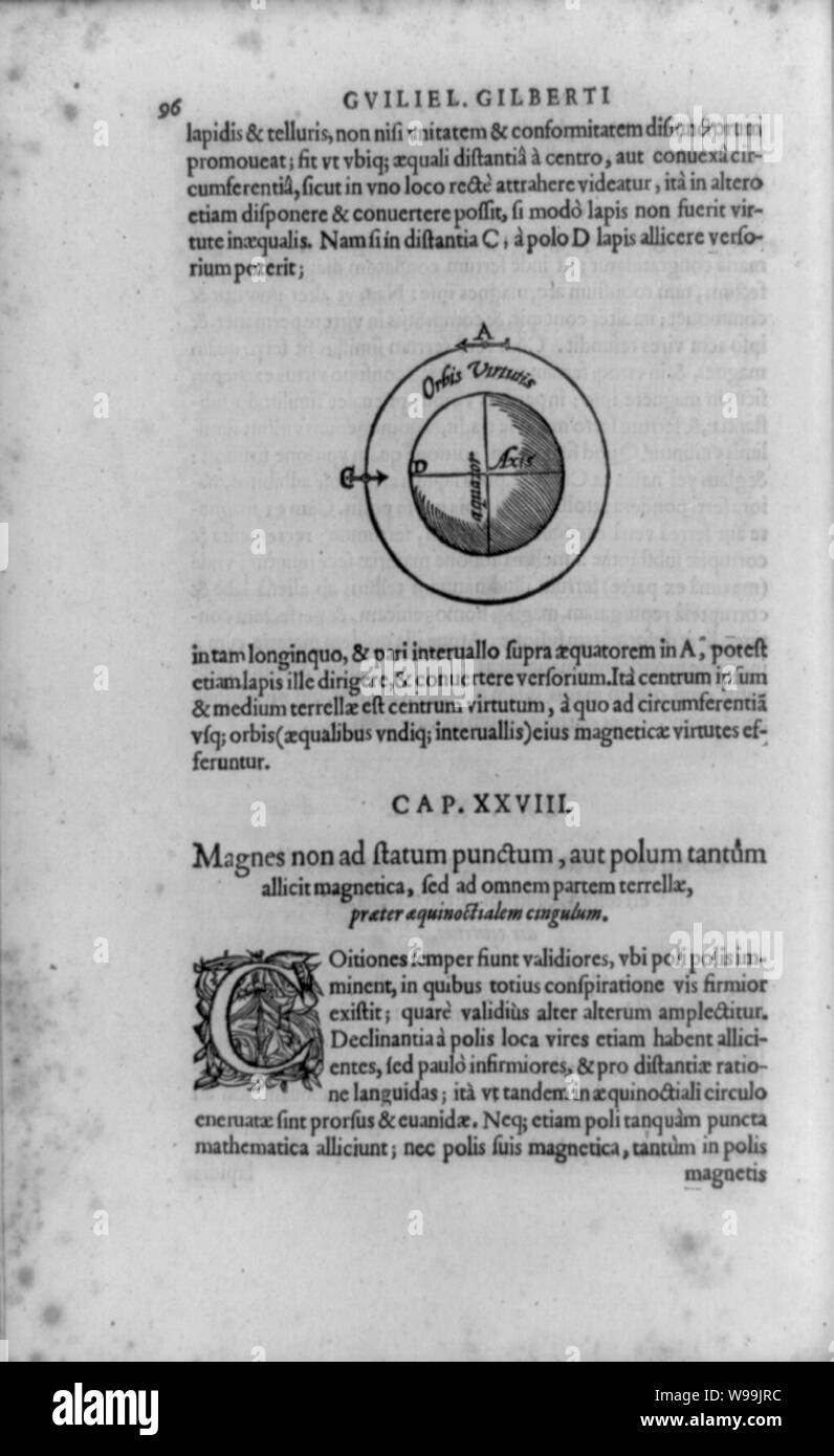Diagram of Gilbert's terella, or earth model, a spherical magnet used ...