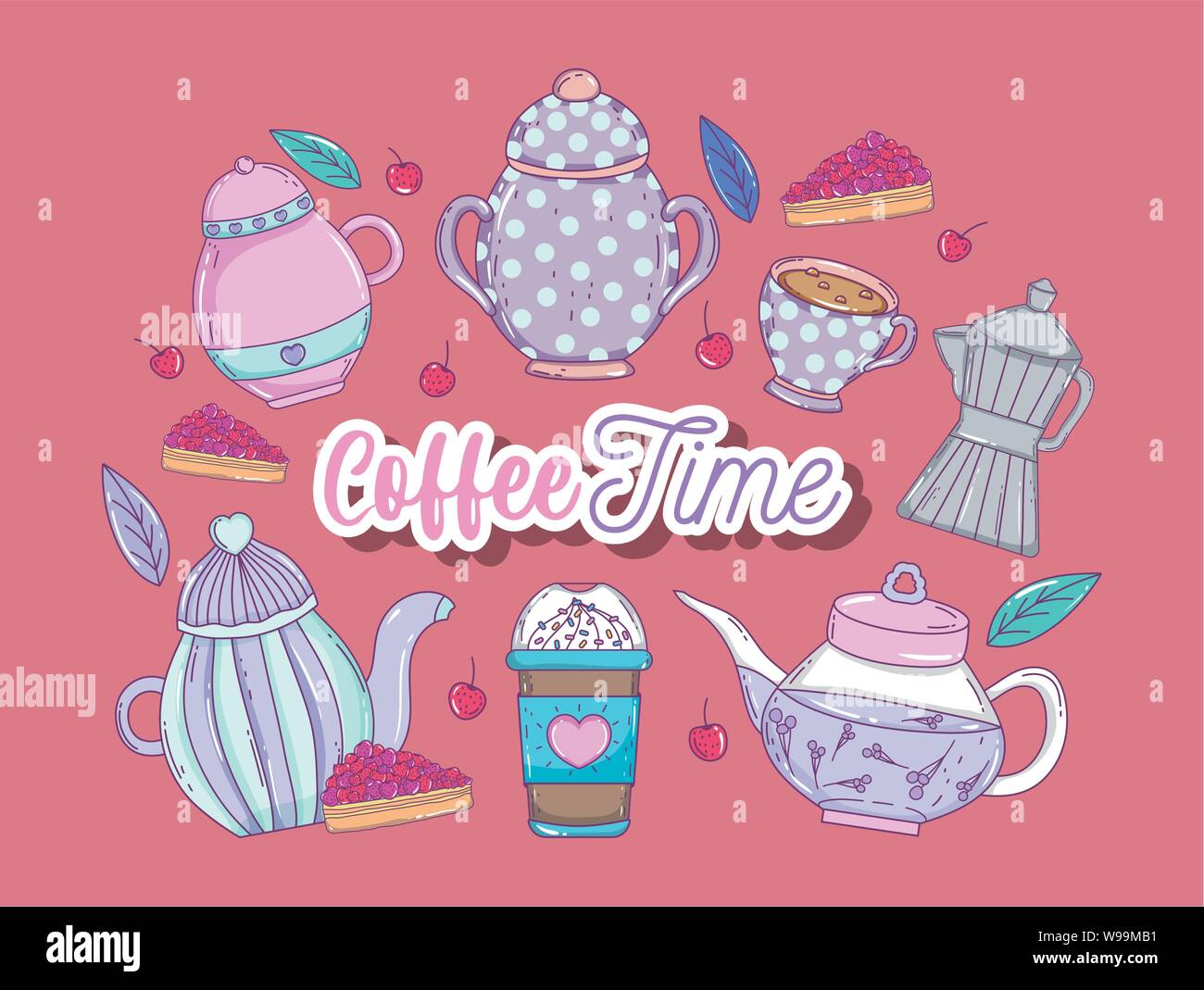 kitchen cups kettle cake coffee time sketch flat design vector ...