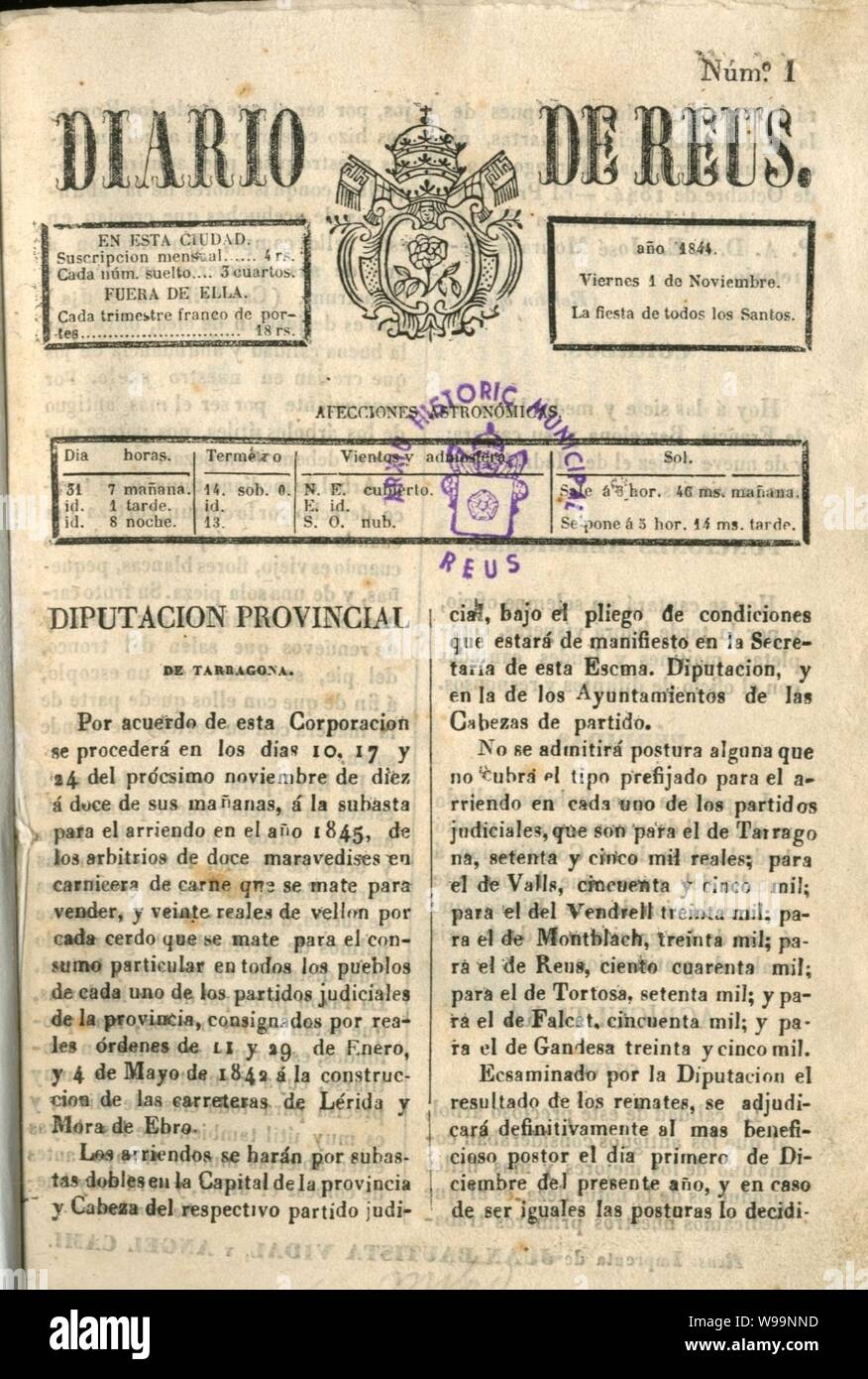 Diario de Reus 1844 Stock Photo - Alamy
