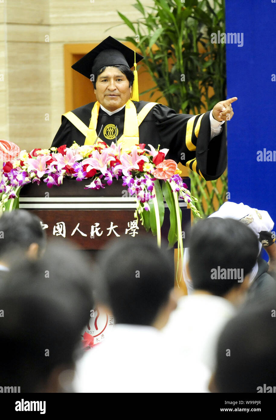 Bolivian President Evo Morales delivers a speech after being conferred ...