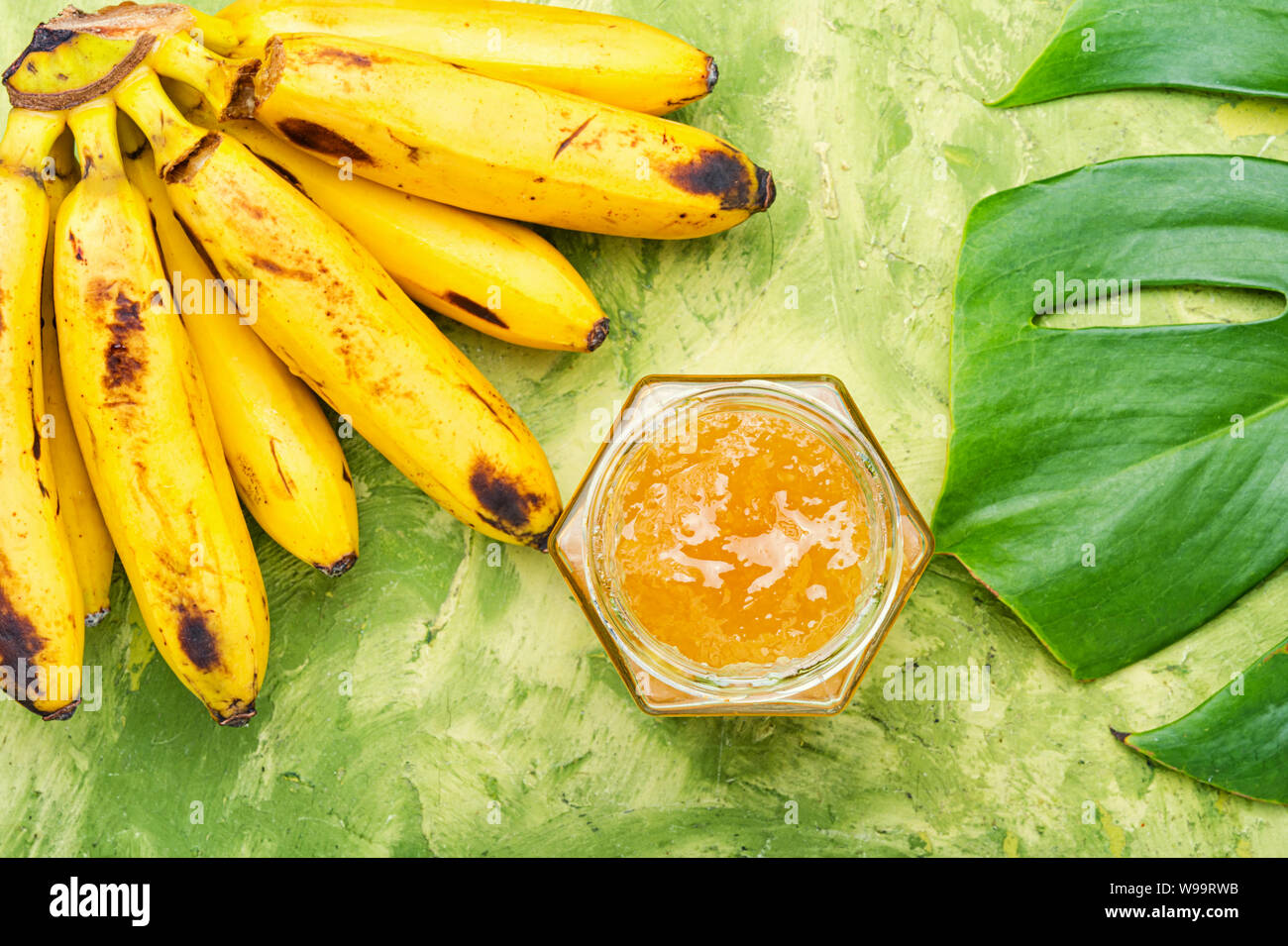Bananas jam in a glass jar.Homemade jam and fresh banana Stock Photo ...
