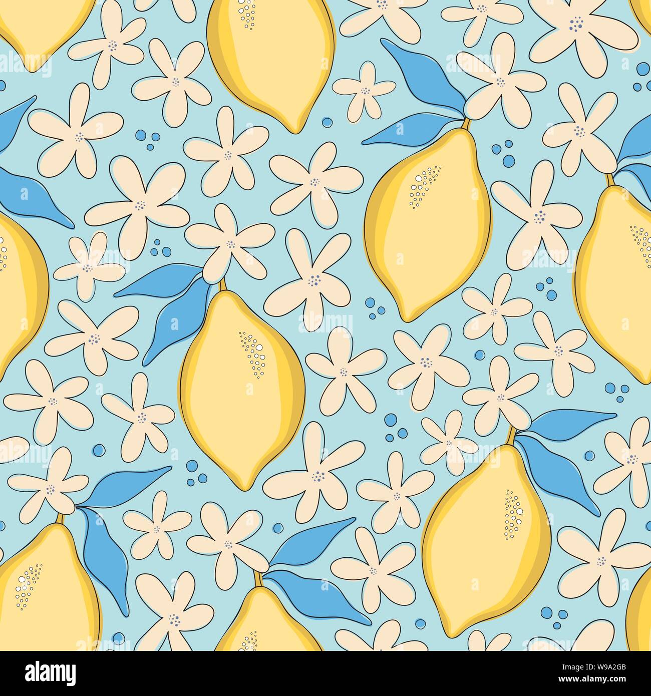 Stylized lemon seamless pattern in yellow and blue. A tropical food ...