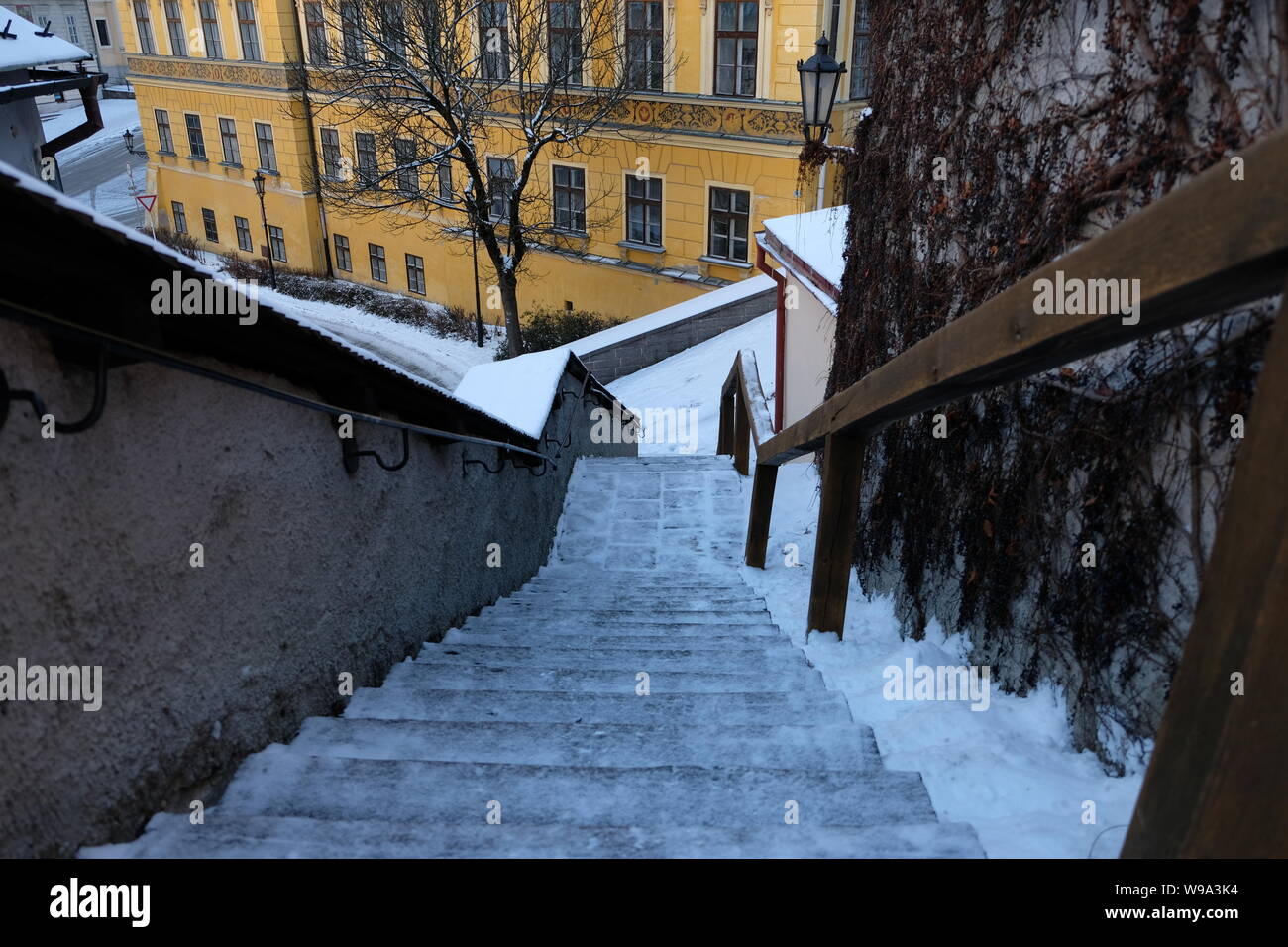 Old wooden stairs with stone walls in winter Stock Photo - Alamy
