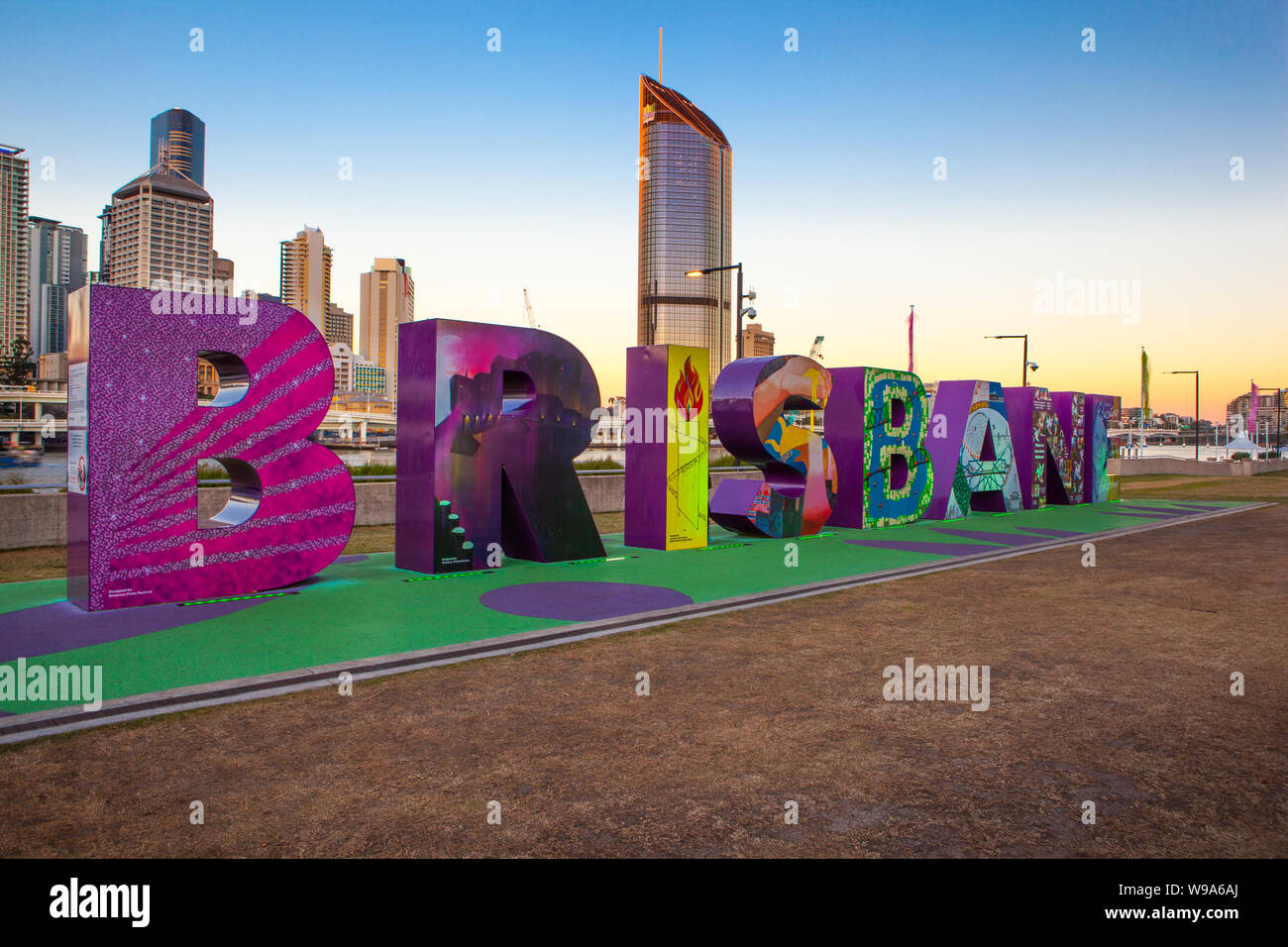 The colourful letters spelling the name of the city of Brisbane, sit in ...