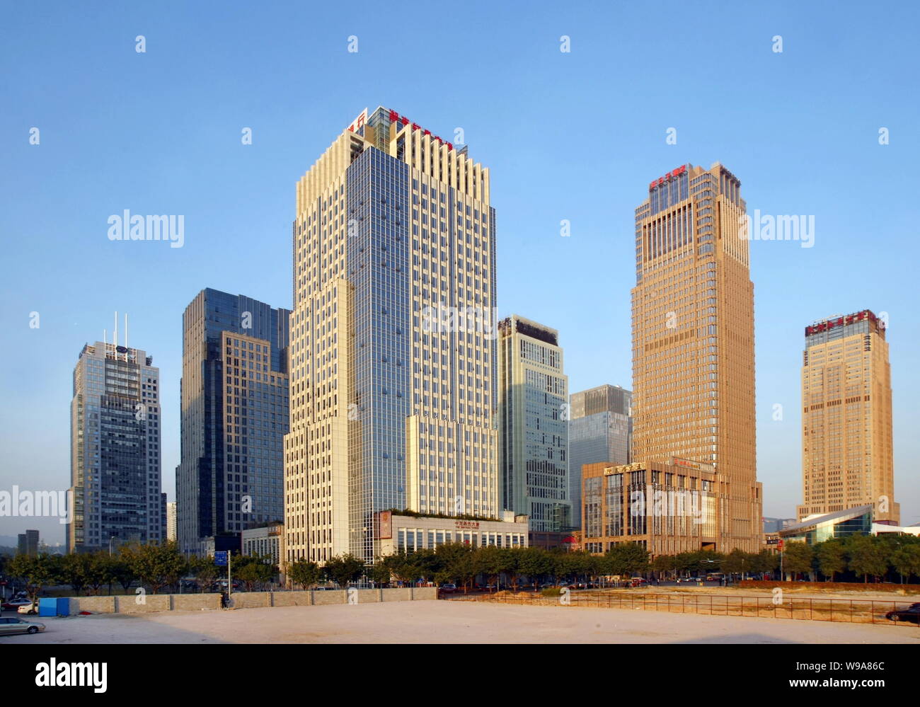 --FILE--Cityscape of modern skyscrapers and high-rise office buildings ...