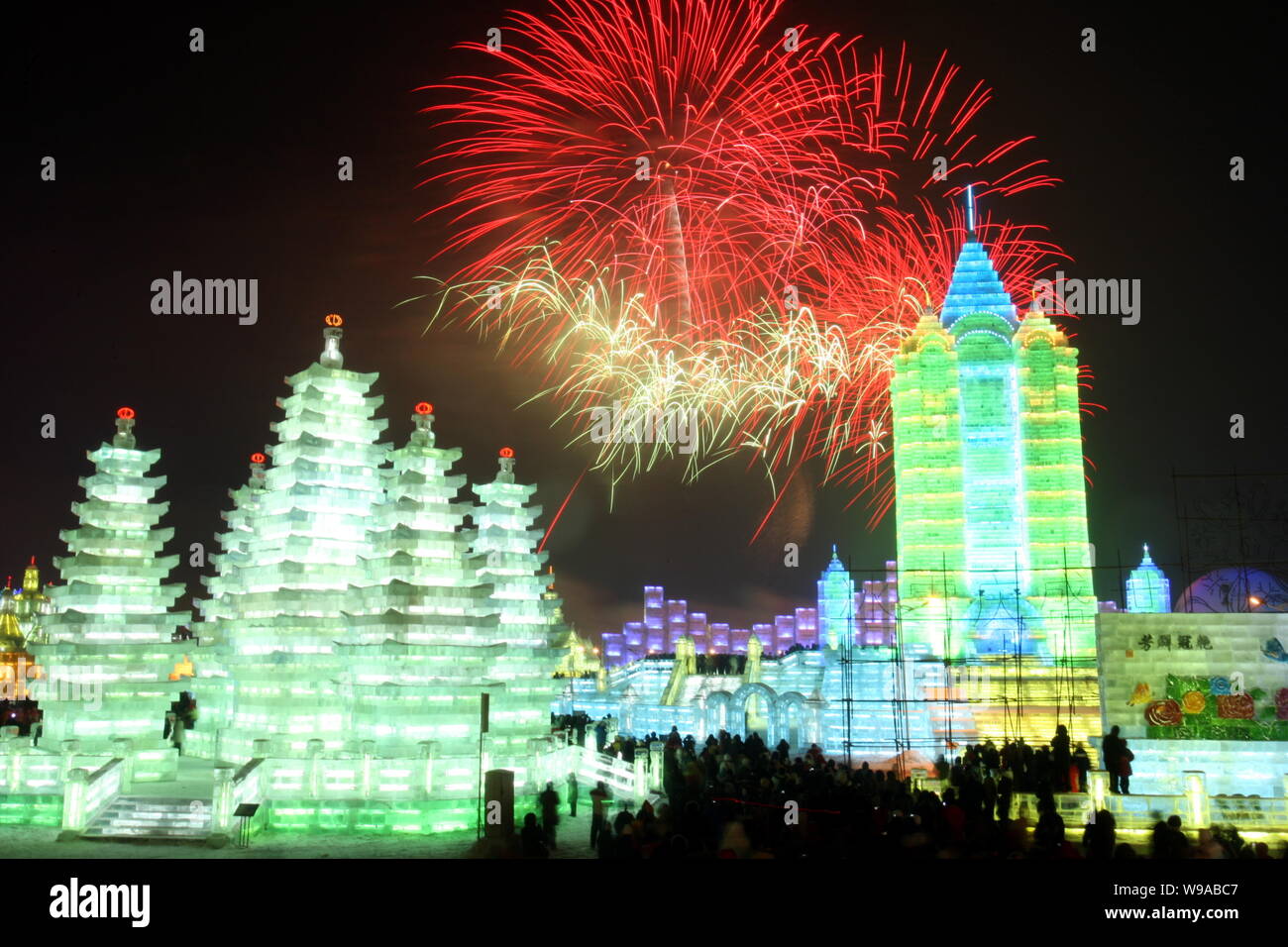 Fireworks explode over ice sculptures during the opening ceremony of ...