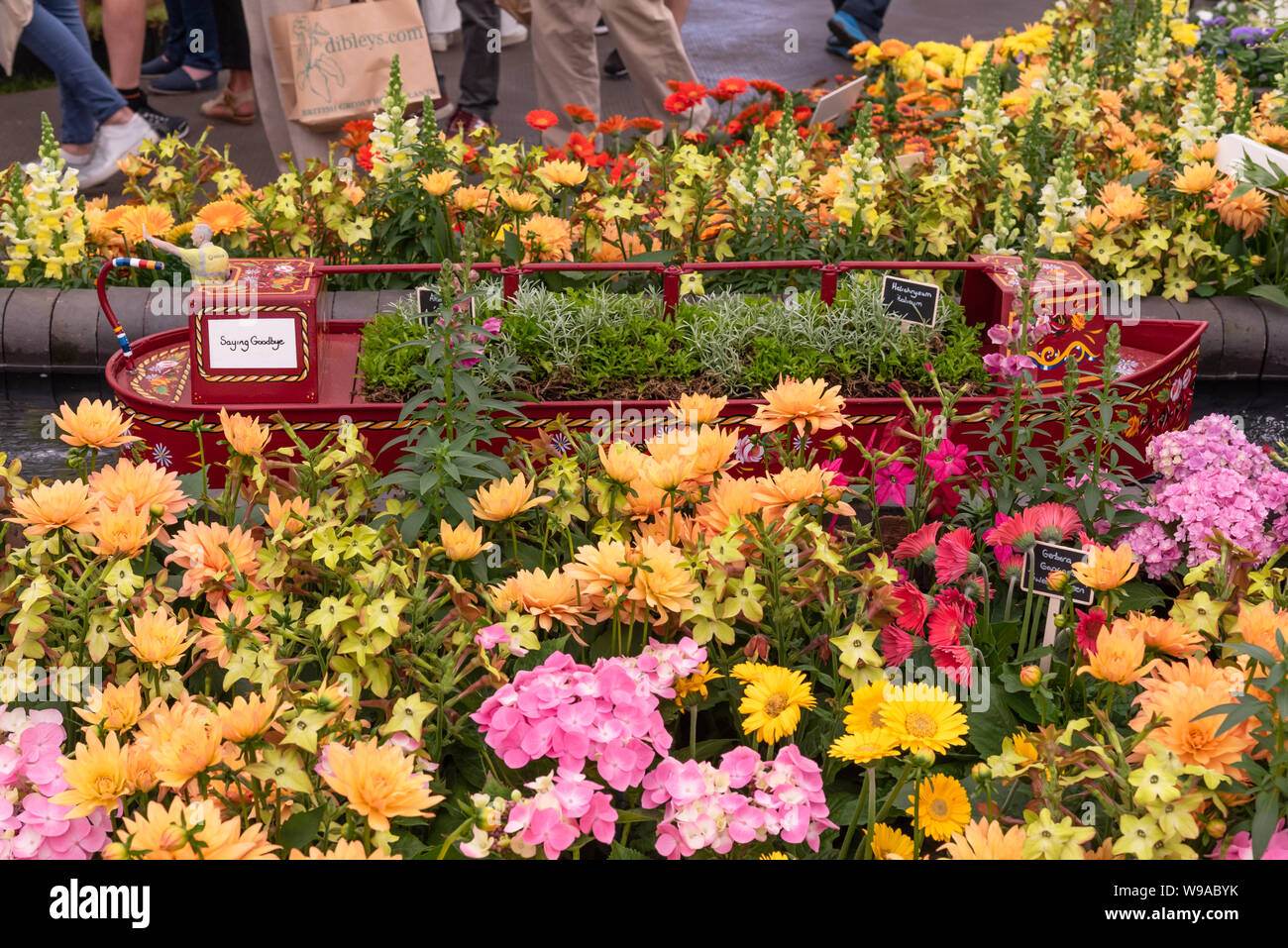Canal boat flower stand Stock Photo - Alamy