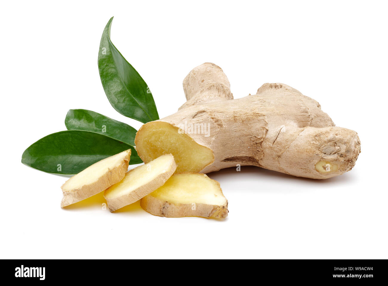 Ginger root and slices with leaves isolated on white background Stock ...