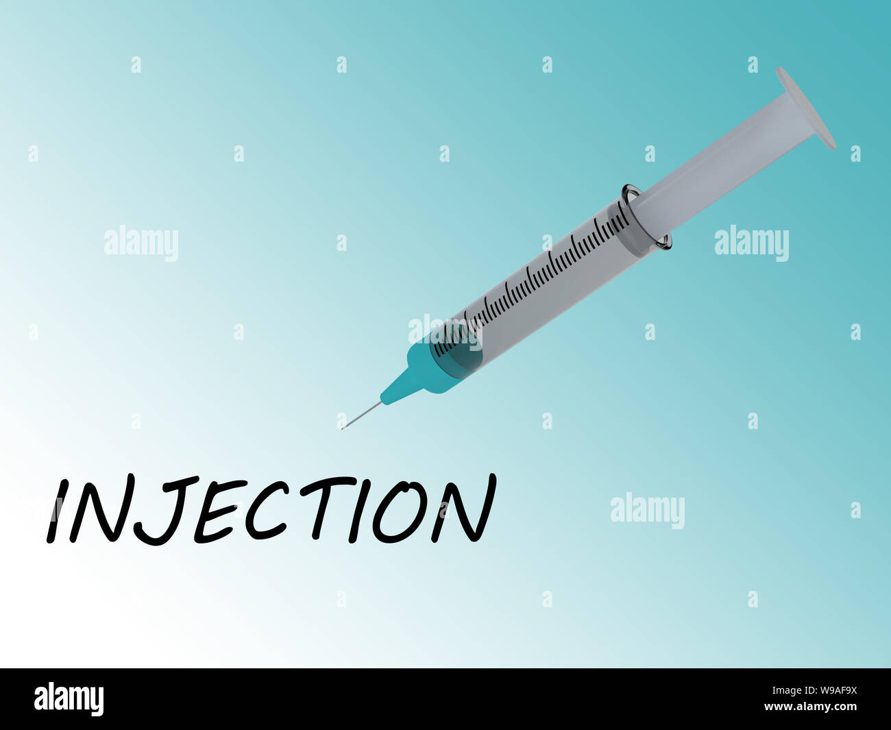 3D illustration of INJECTION script with syringe, isolated on pale blue ...