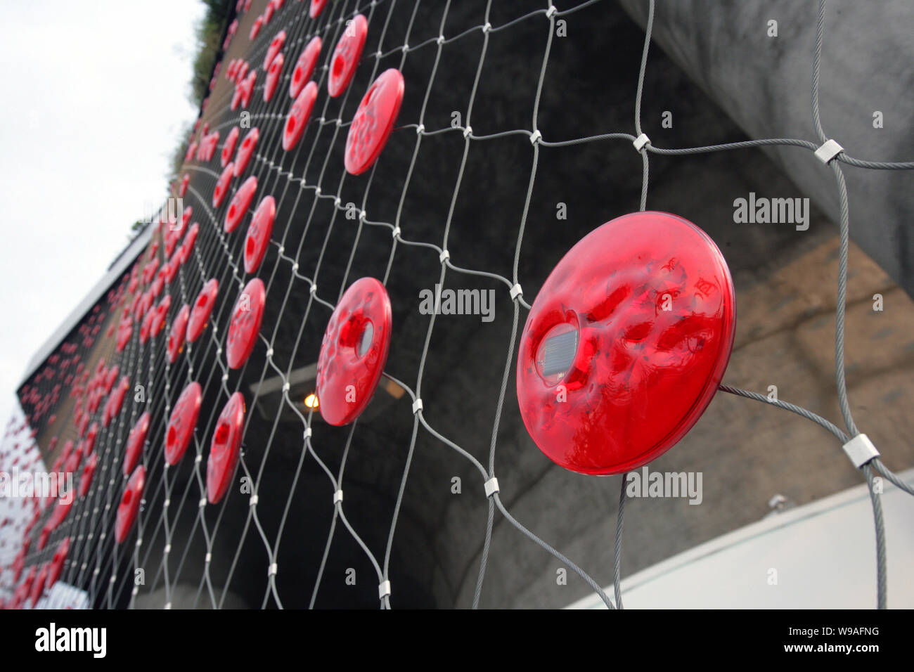 View of the soybean fiber solar cells outside the Switzerland Pavilion ...