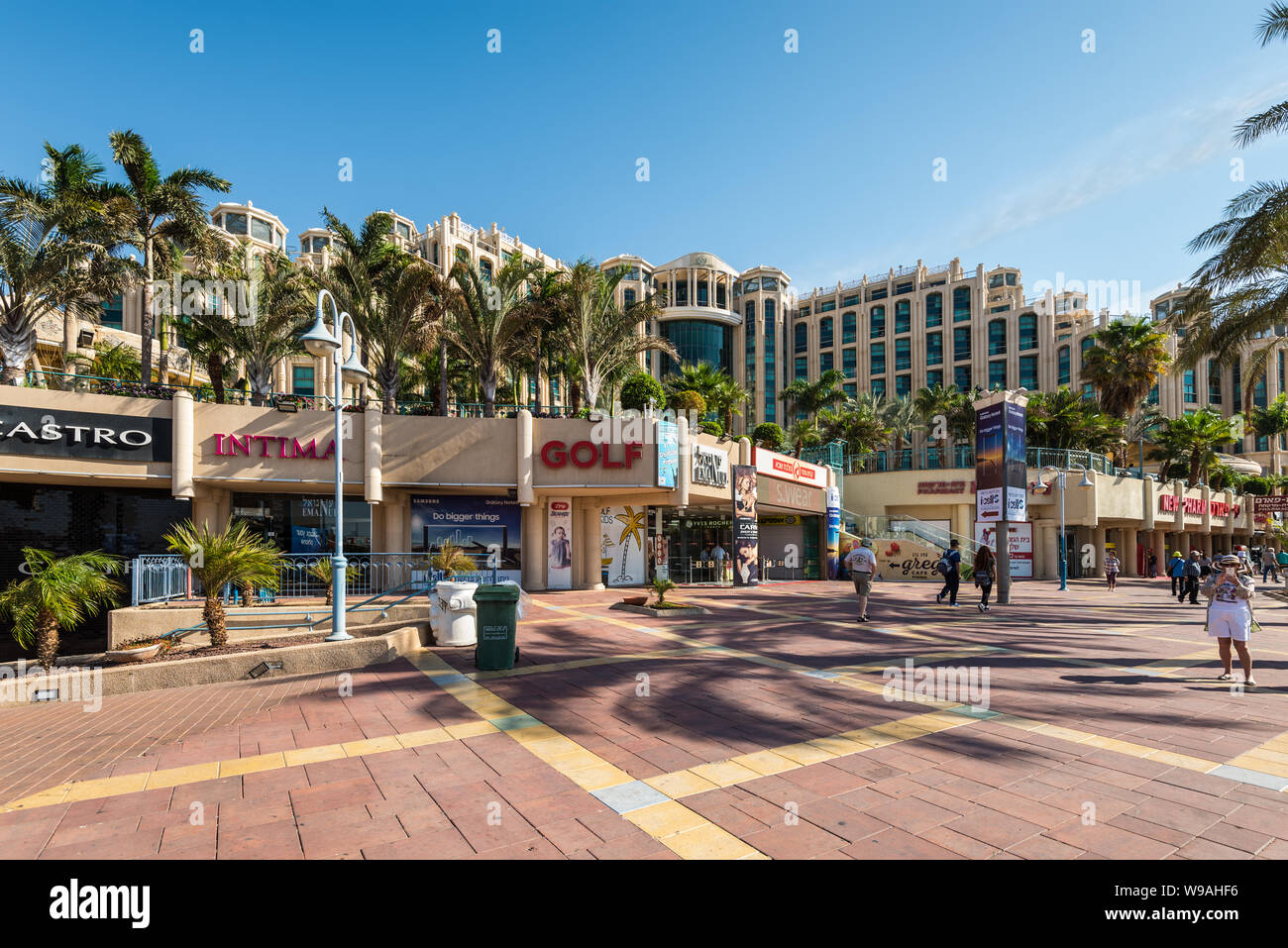 Eilat, Israel- November 7, 2017: Central promenade with shops, hotels ...