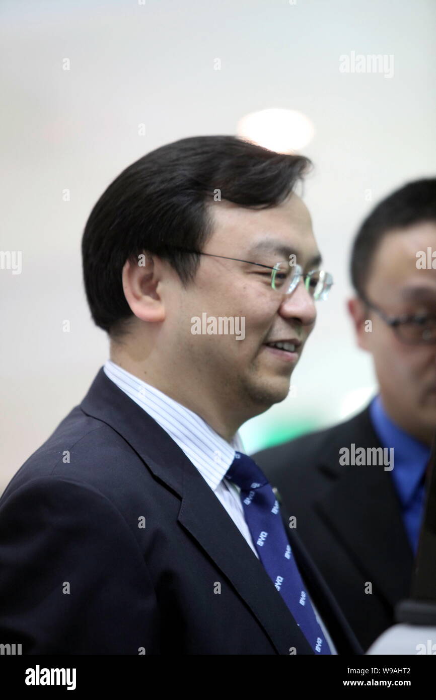 Wang Chuanfu, Chairman and CEO of BYD Auto, visits the stand of BYD ...