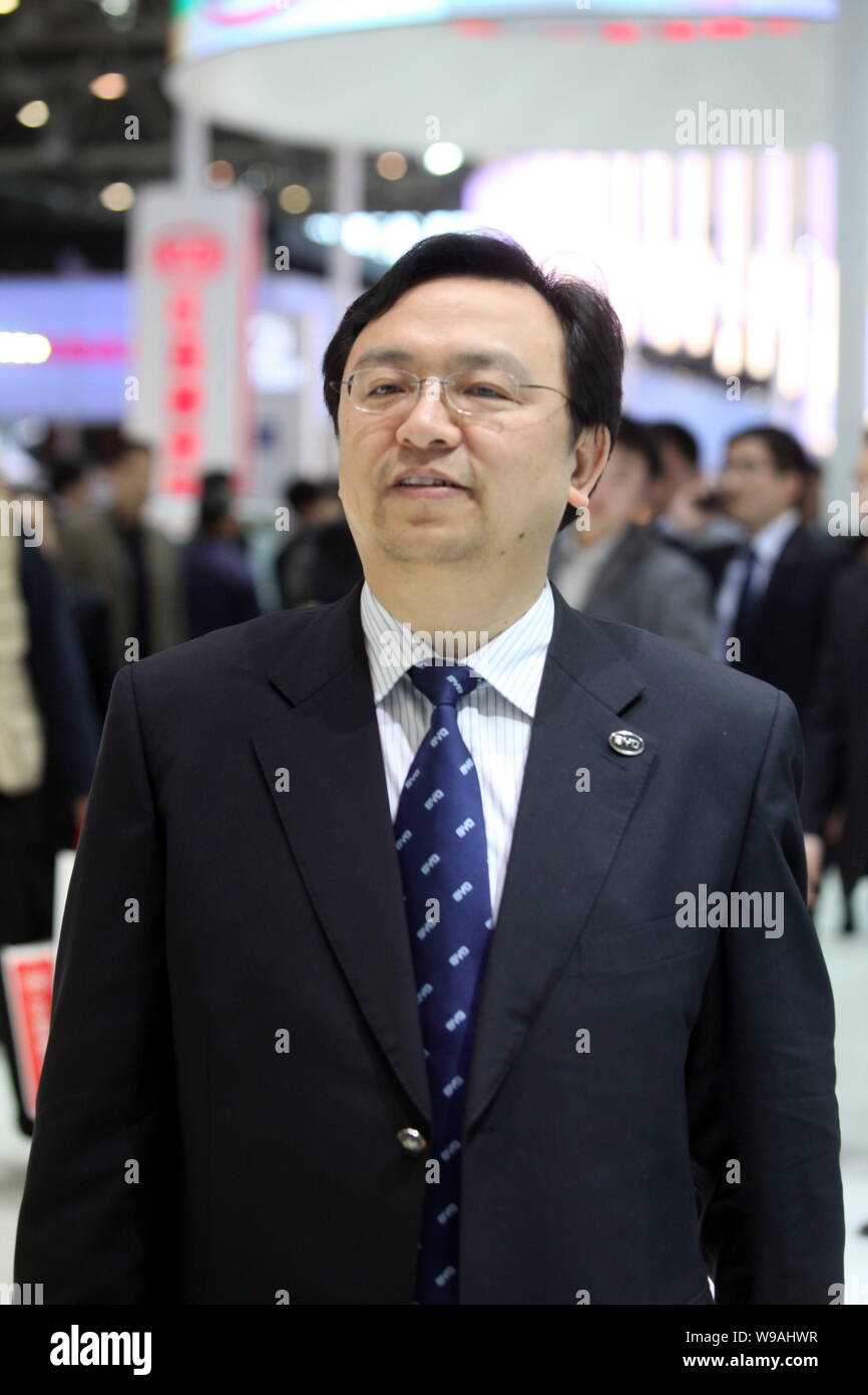 Wang Chuanfu, Chairman and CEO of BYD Auto, visits the stand of BYD ...