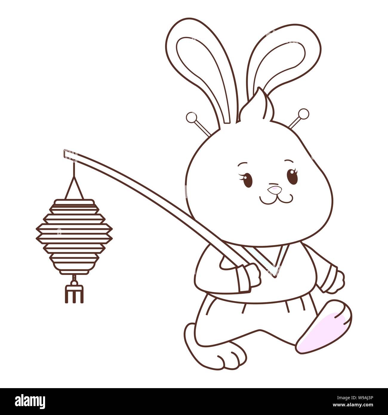 Mid autumn cute rabbit cartoon in black and white Stock Vector Image ...
