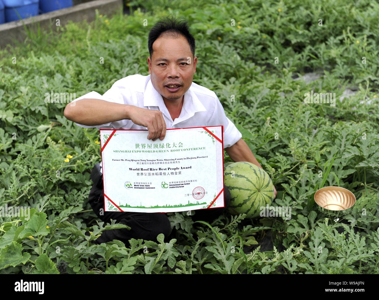 Chinese farmer Peng Qiugen shows the diploma for the World Roof Rice ...