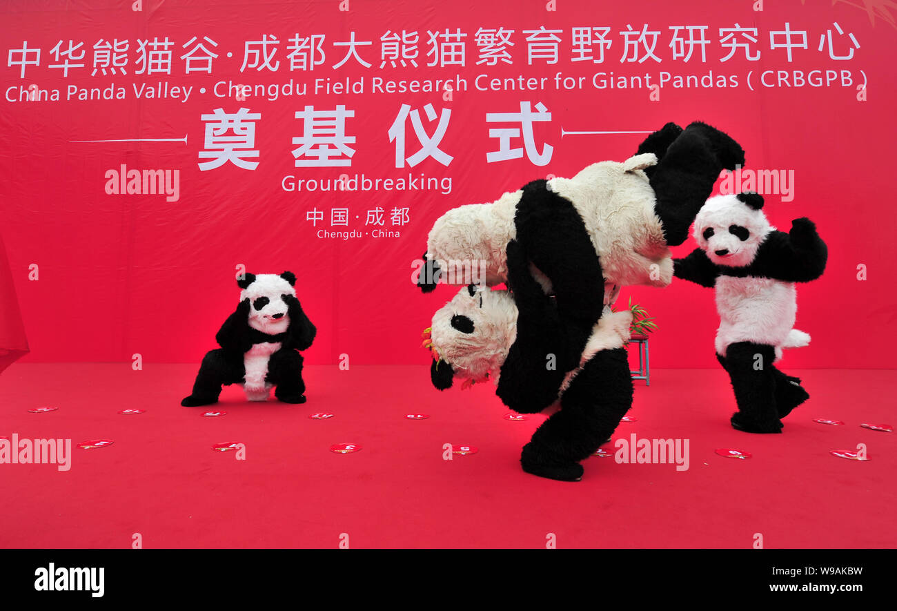 Performers in the costumes of giant pandas perform during the ...