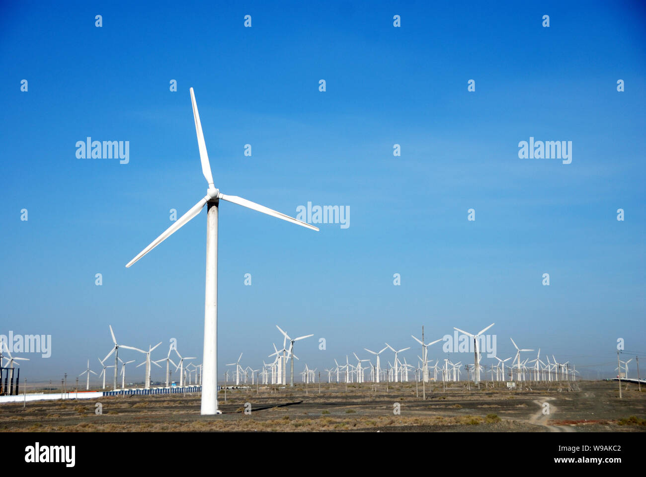 View of wind turbines at a wind farm in Turpan, northwest Chinas ...