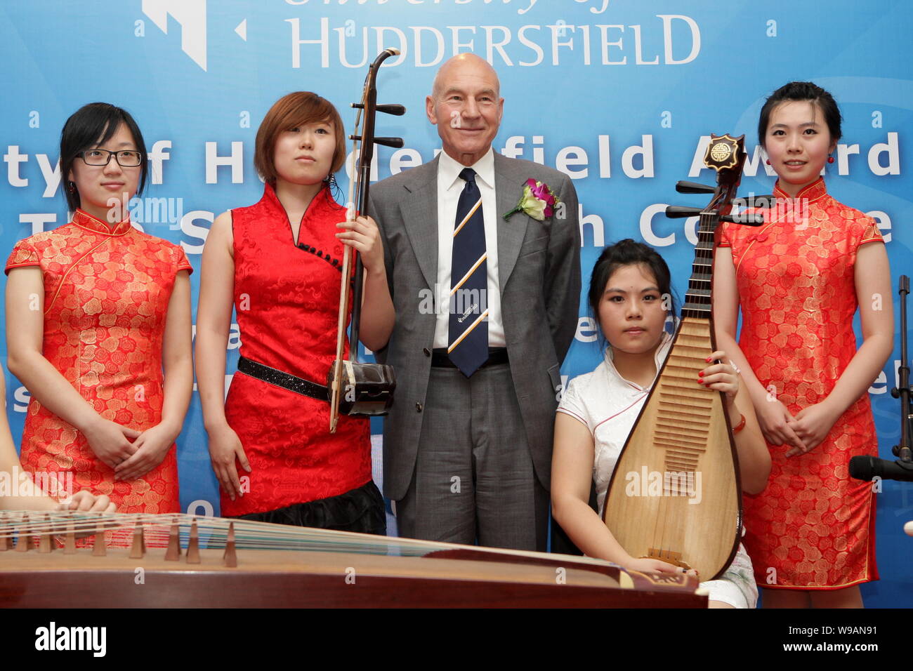 British actor and professor Sir Patrick Stewart, center, Chancellor of ...