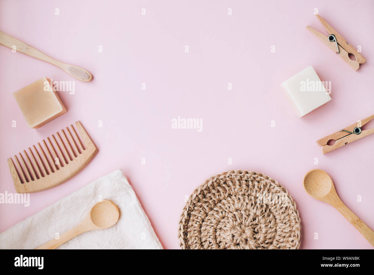 Zero waste set for bathing on light pink background. Flat lay style ...