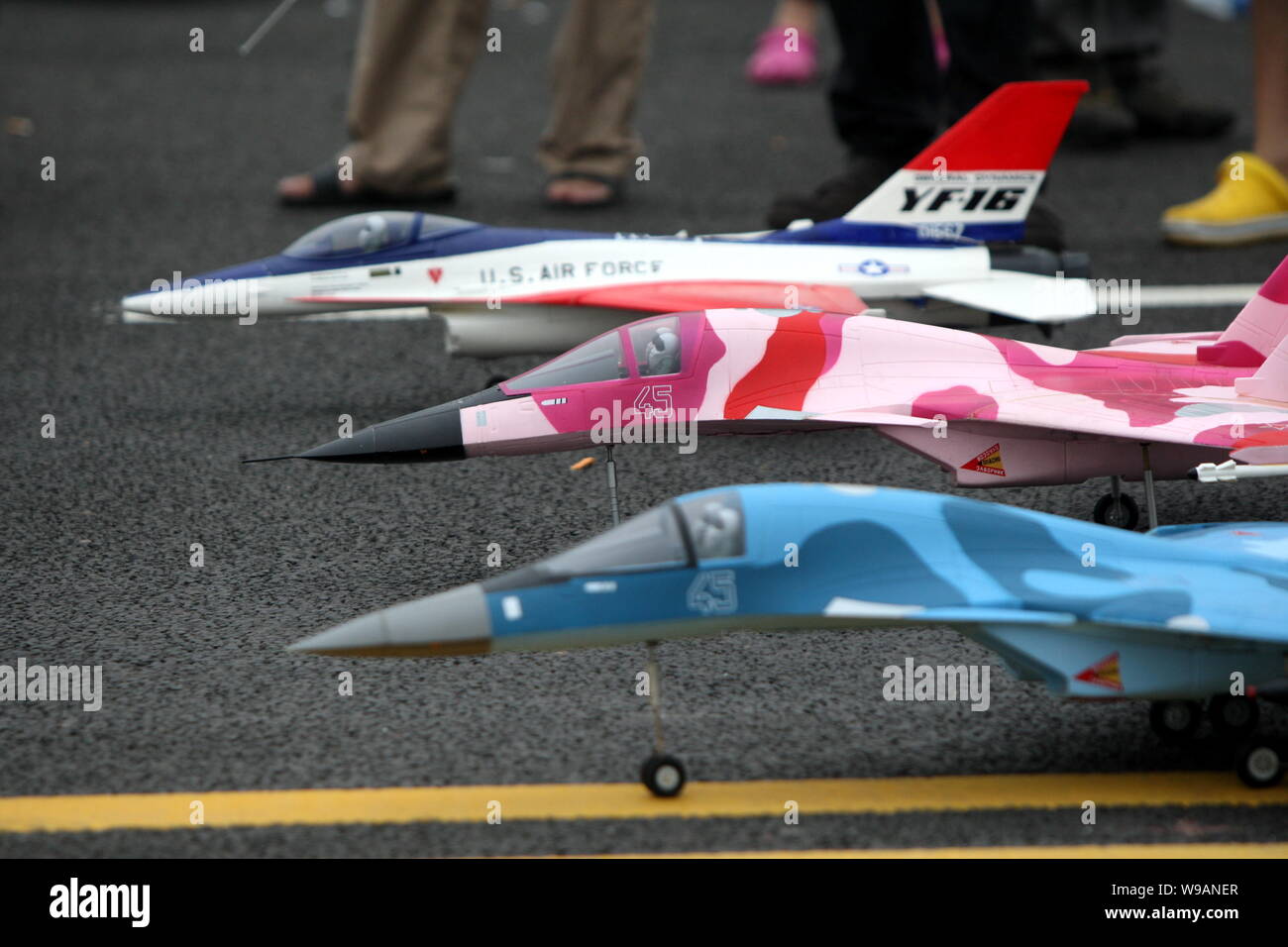 Models of Su-34 (Su34) and F-16 (F16) fighter aircraft are seen during ...