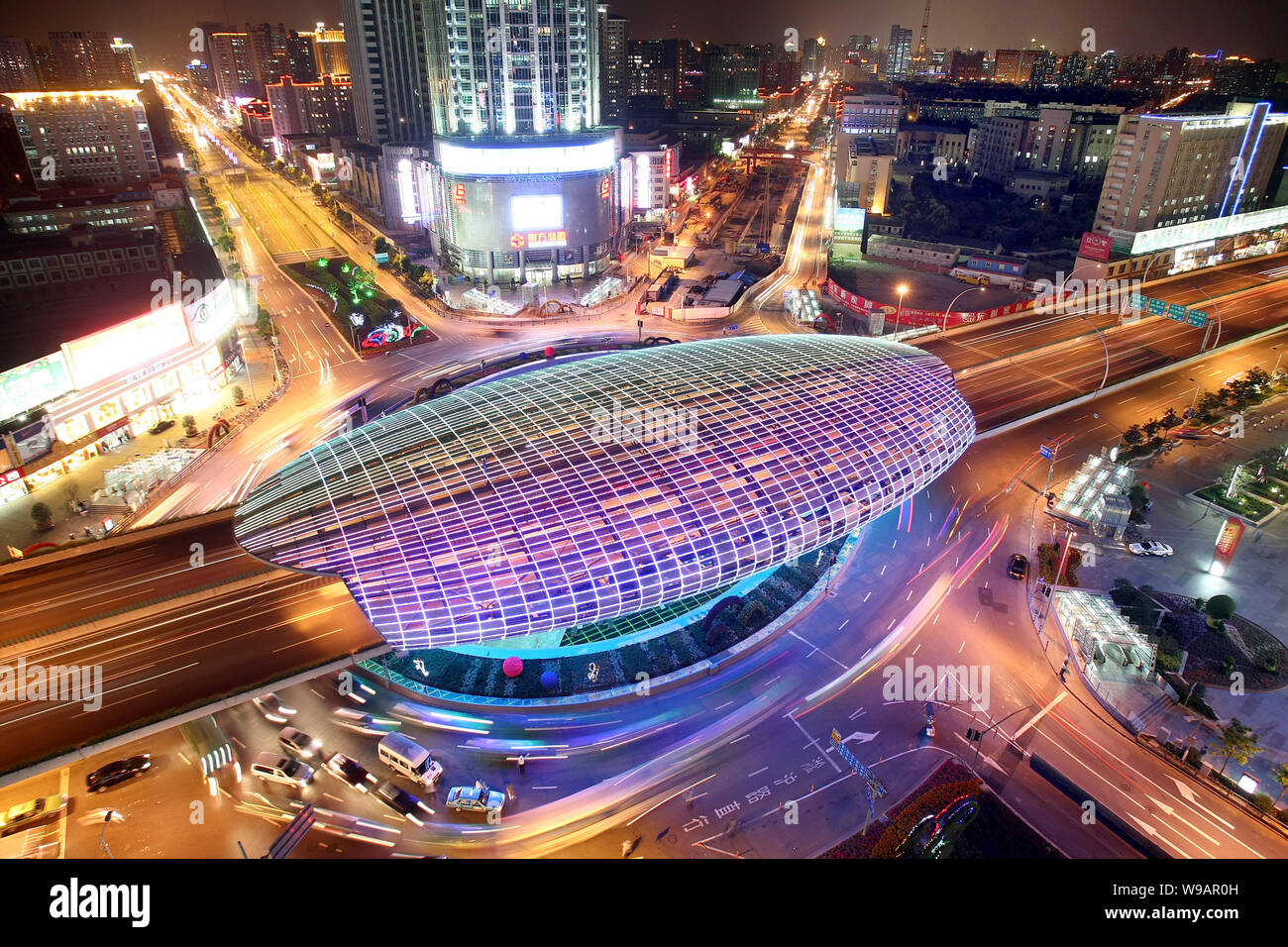 Night view of overhead highways over the ring road at Wujiaochang ...