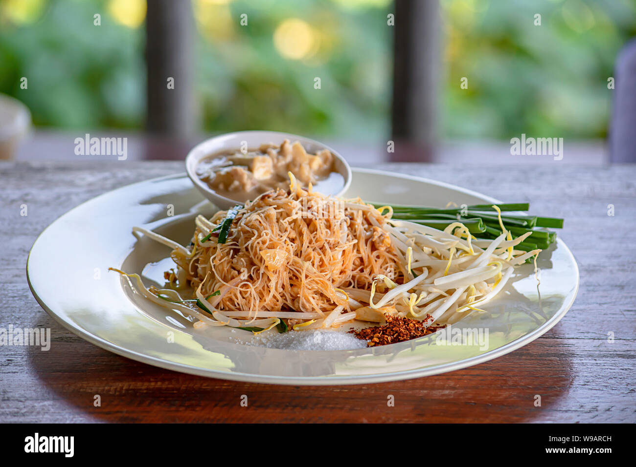 Fried noodle with spring onion and bean sprouts on white plate with ...