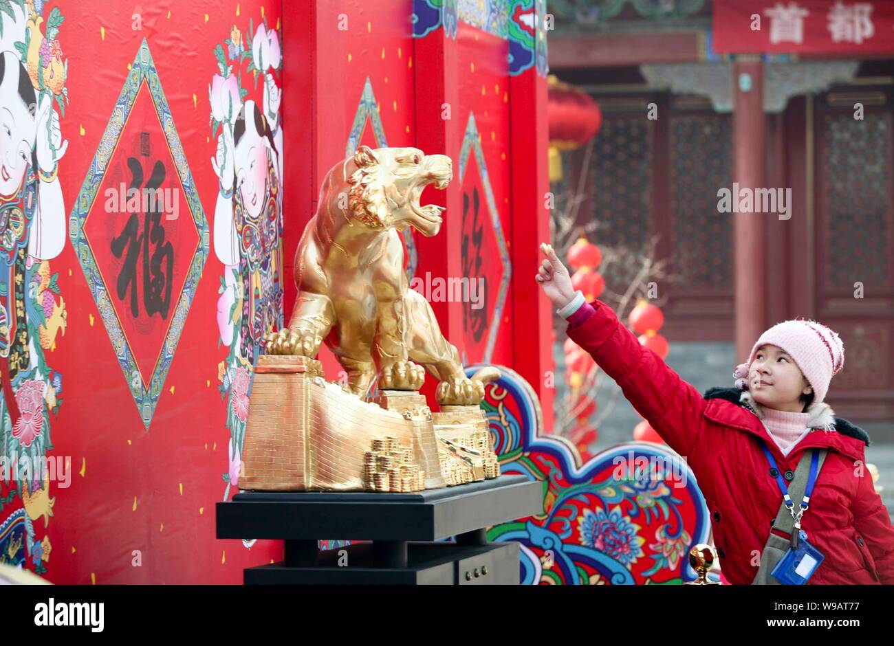 A Chinese kid points at a tiger statue at a temple fair celebrating the ...