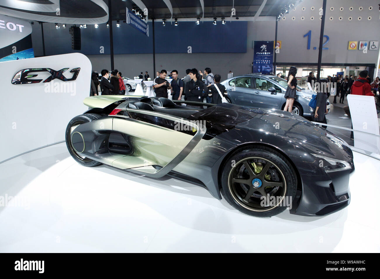 The Peugeot EX1 electric concept car is seen on display during the 8th ...