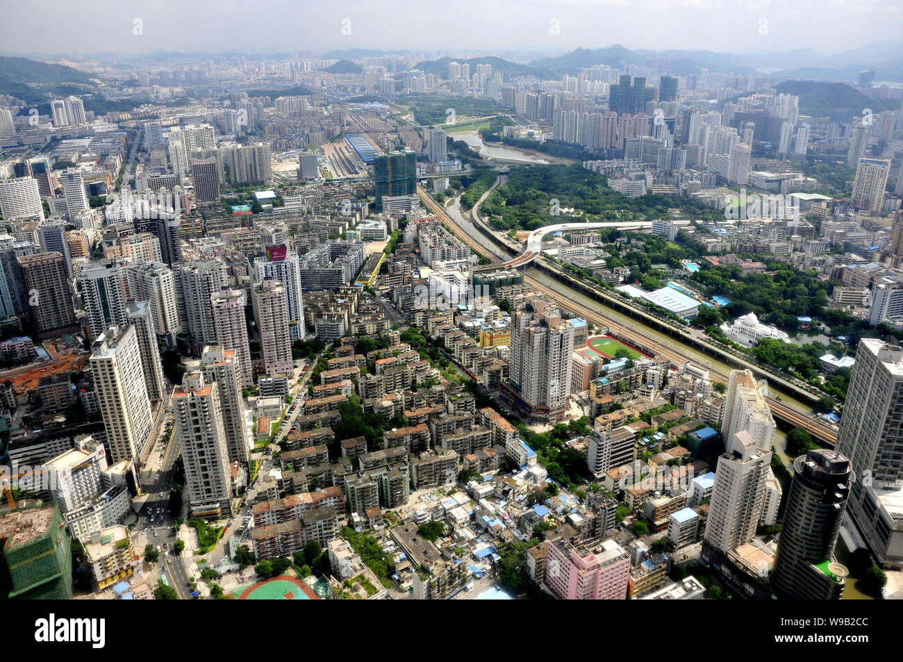 View of clusters of skyscrapers, high-rise office and residential ...