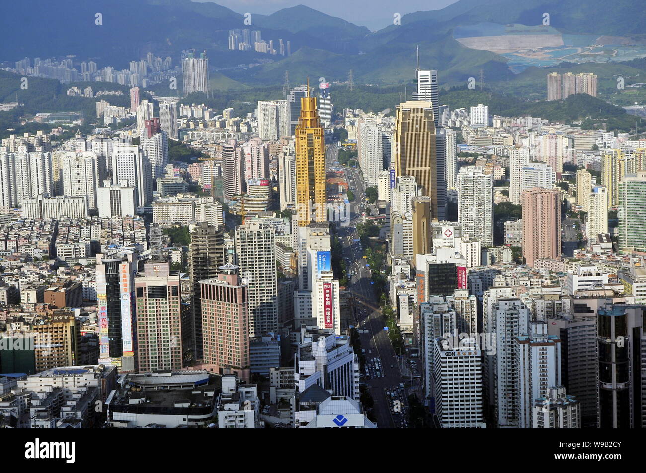 View of clusters of skyscrapers, high-rise office and residential ...