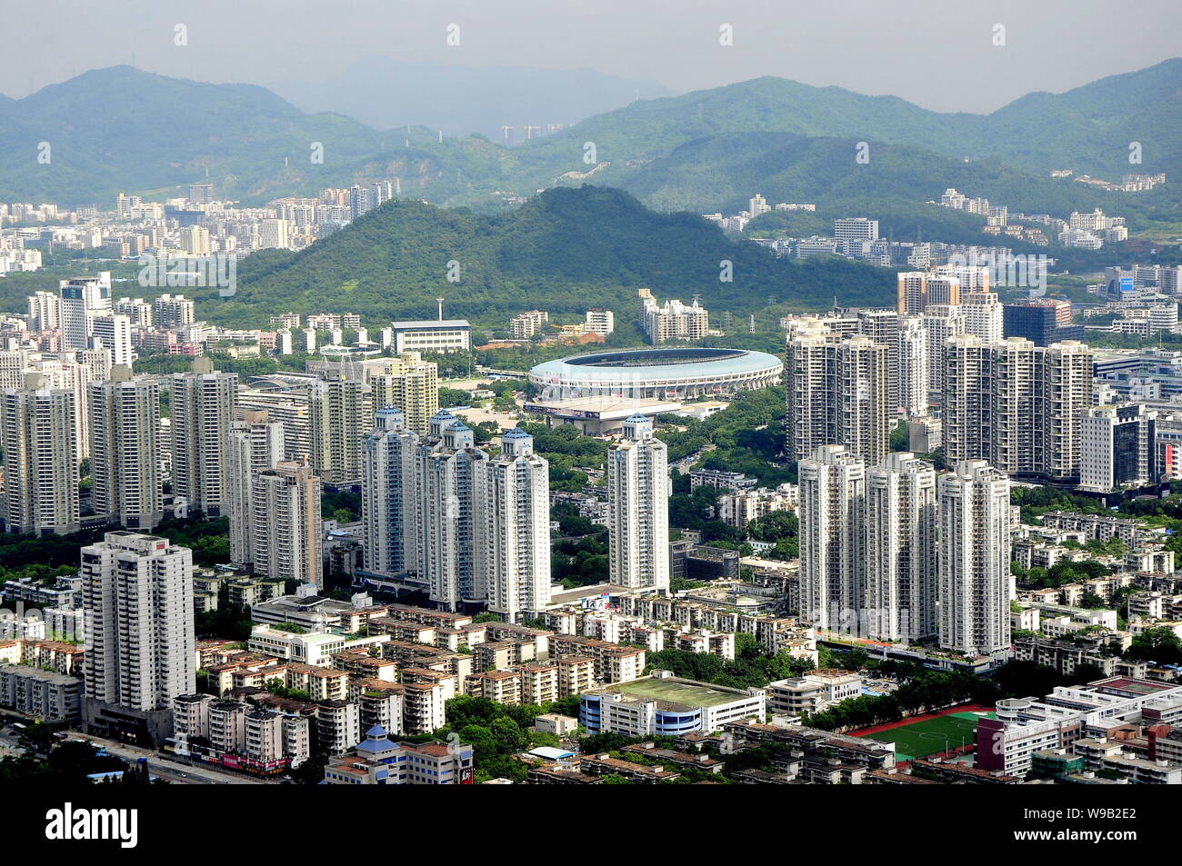 View of clusters of skyscrapers, high-rise office and residential ...