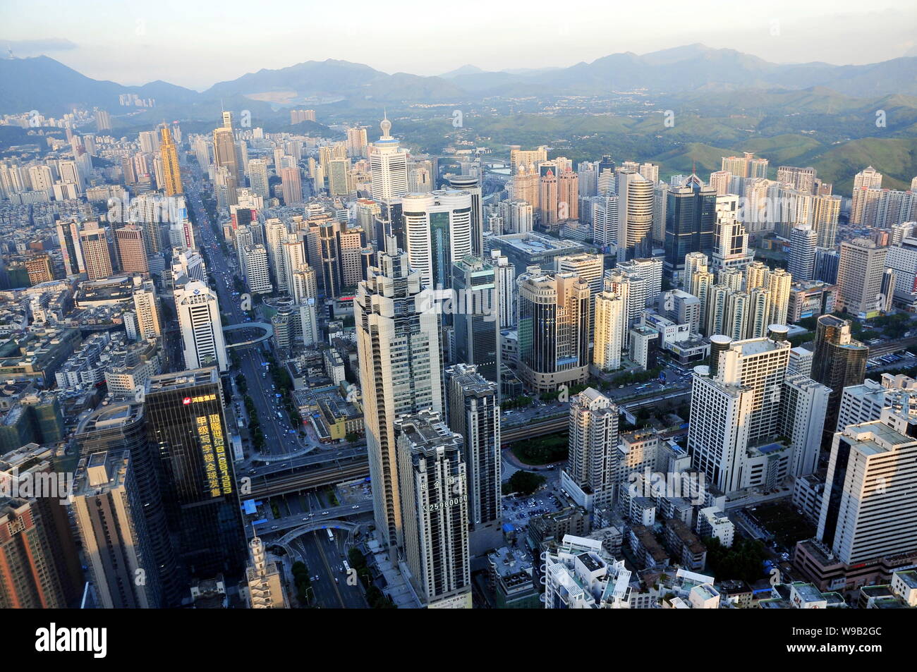 View of clusters of skyscrapers, high-rise office and residential ...