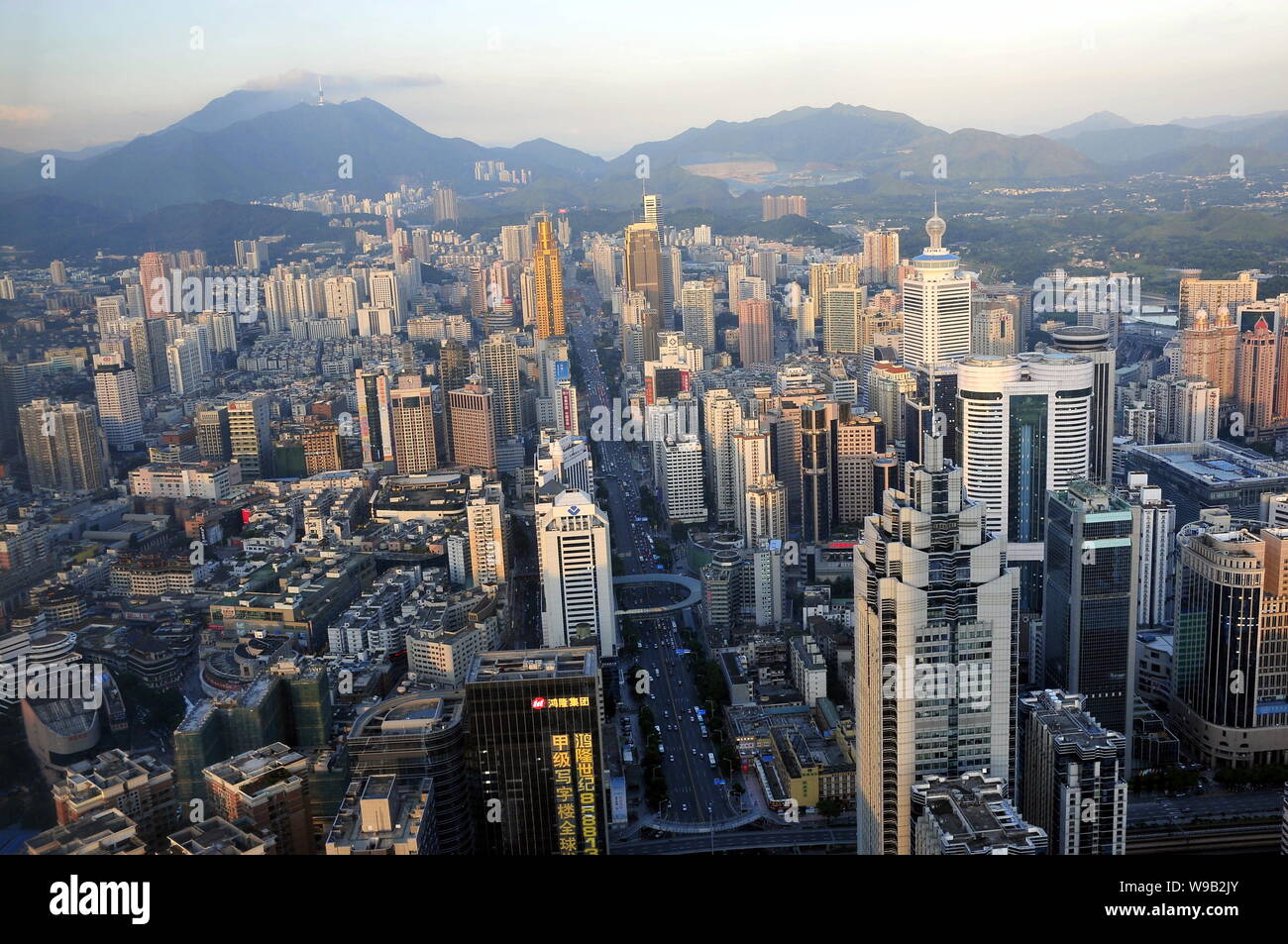 View of clusters of skyscrapers, high-rise office and residential ...