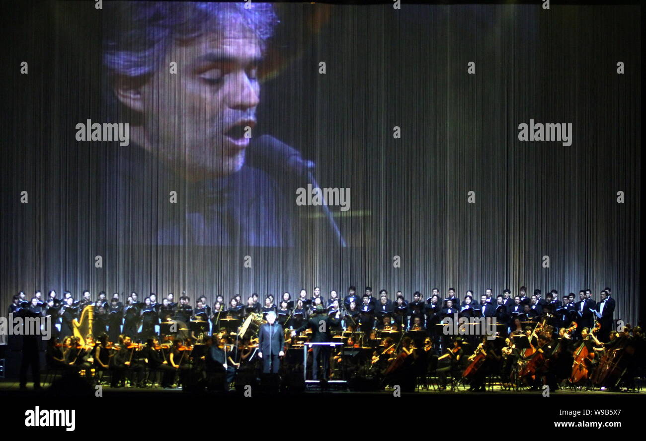 Italian tenor Andrea Bocelli sings at his concert in Taipei, Taiwan, 6 ...