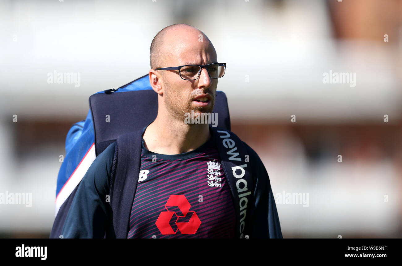 England's Jack Leach during a nets session at Lord's, London Stock ...