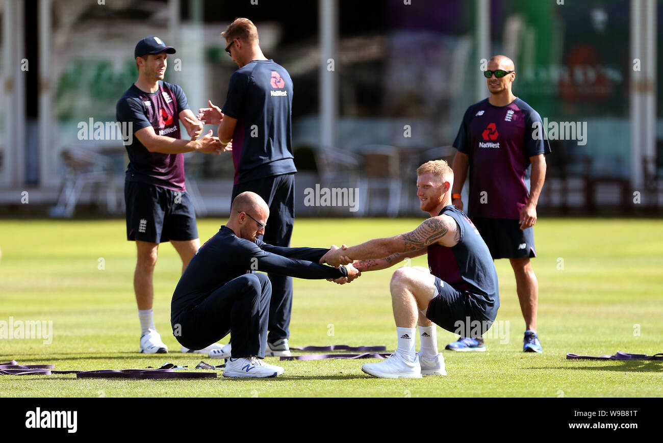 England's Jack Leach and Ben Stokes (right) during a nets session at ...