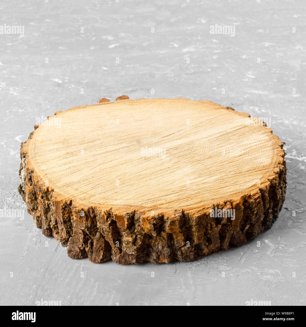 Tree stump round cut with annual rings on gray background from top view ...